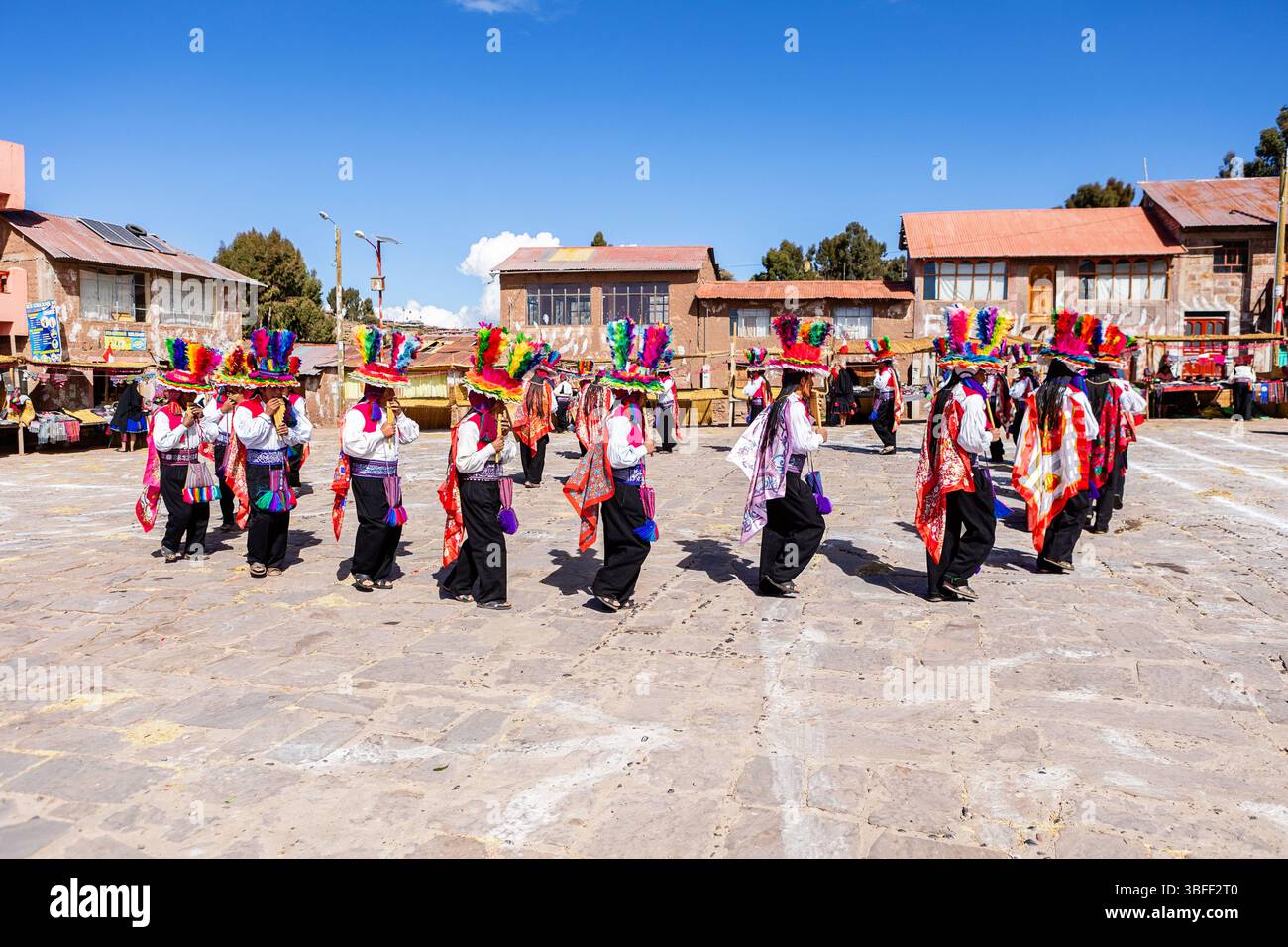 Peruvian local people from Taquile Island doing a traditional dance ...
