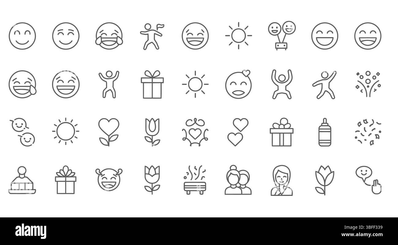 Set of Linear Happiness Vector Icons, Icon Sheet Stock Vector Image ...