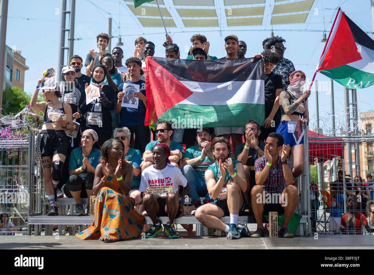 Family photo during the I Cursa Antiracista de Barcelona, in Plaza de Sants, on June 1, 2025, in ...