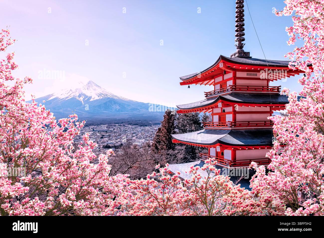 A famous place in Japan with Chureito Pagoda and Mount Fuji during the ...