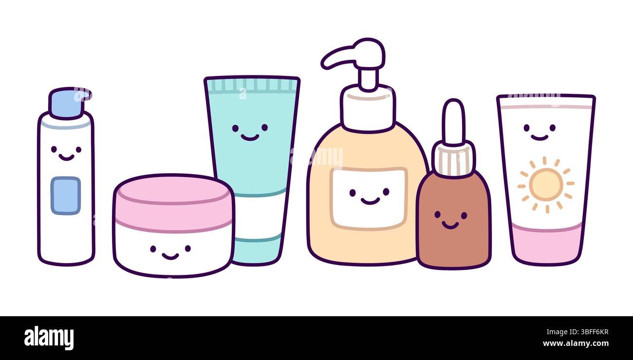 Cute cartoon skincare doodle set. Tubs and bottles with funny kawaii ...