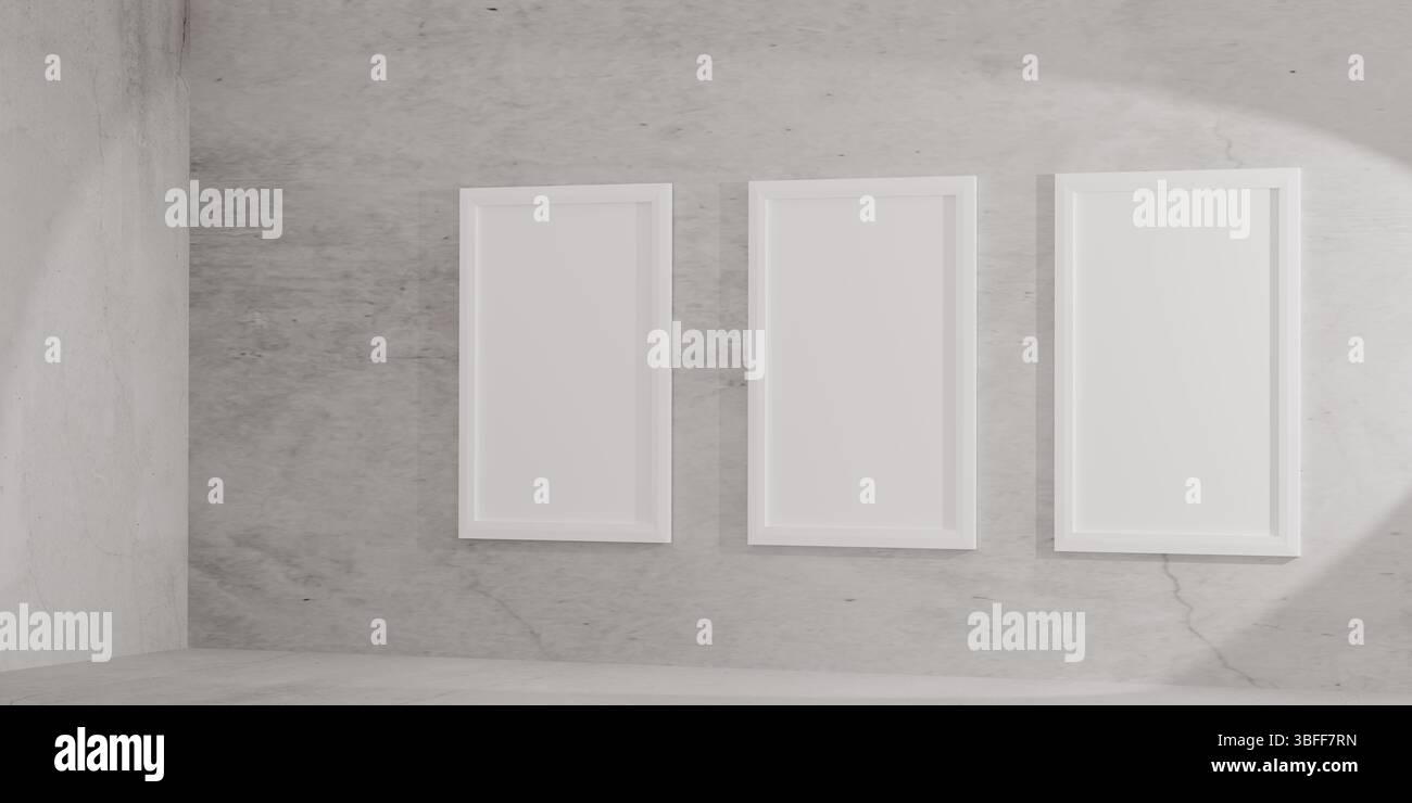 3D render of minimalist interior with three vertical white poster ...