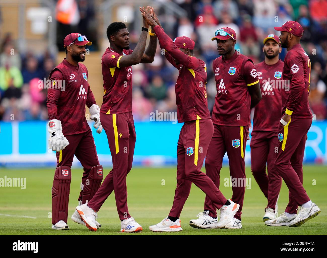 West Indies Alzarri Joseph (second left) celebrates with his team mates ...