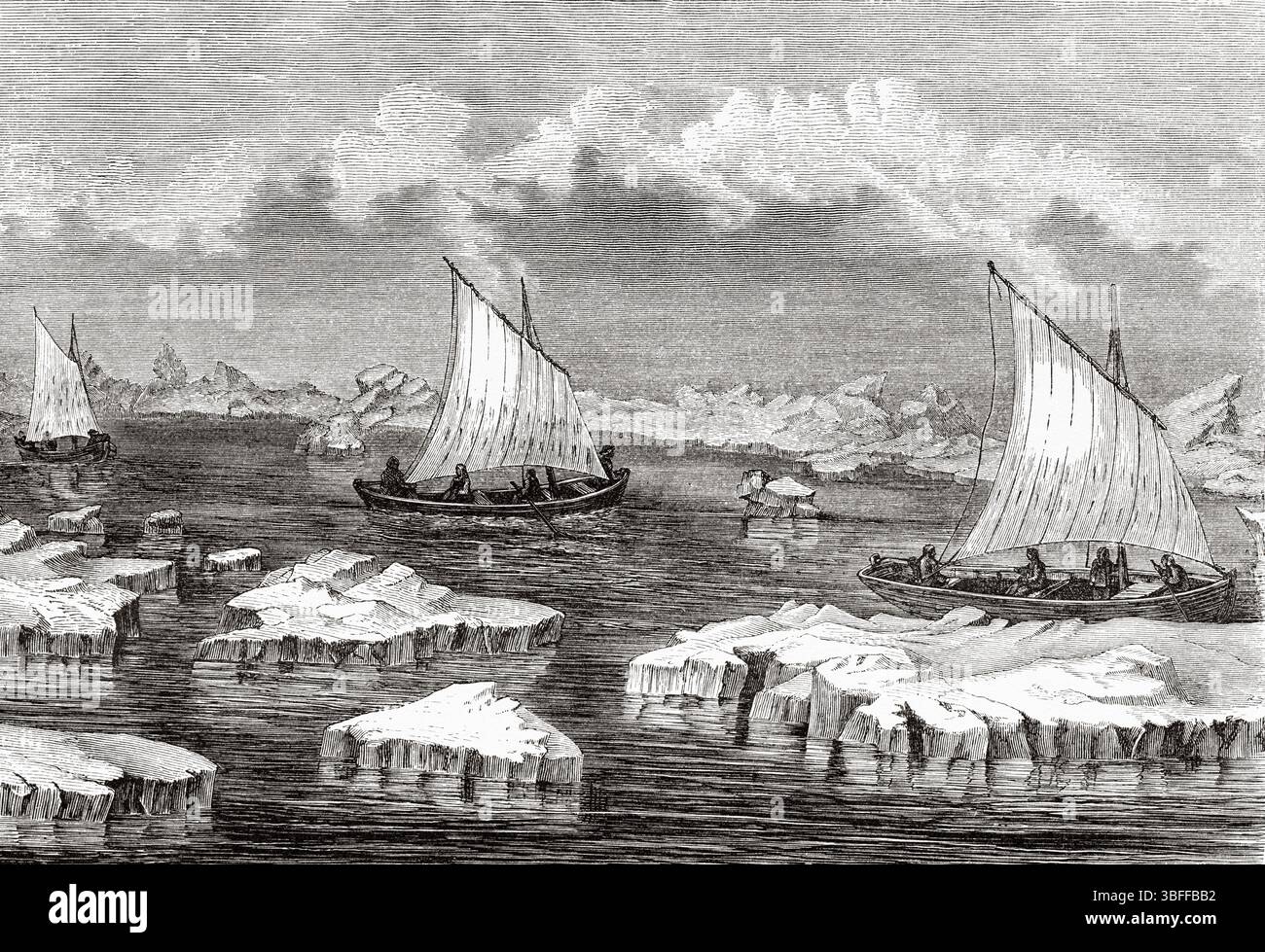 The expedition sails in a rowboat between the icebergs, Greenland ...