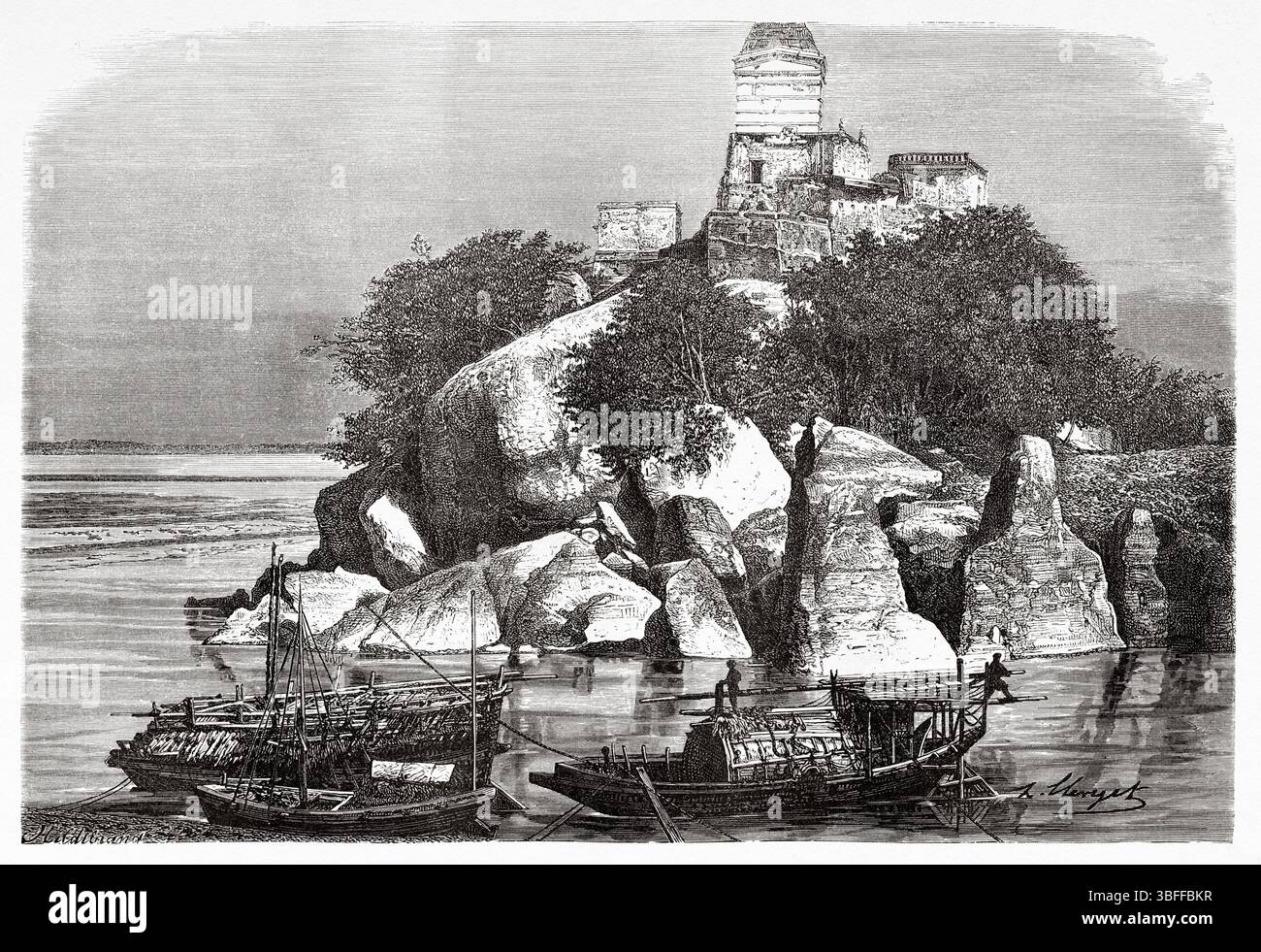 Devinath sacred island, Sultangunge on the Ganges river. India. Drawing ...