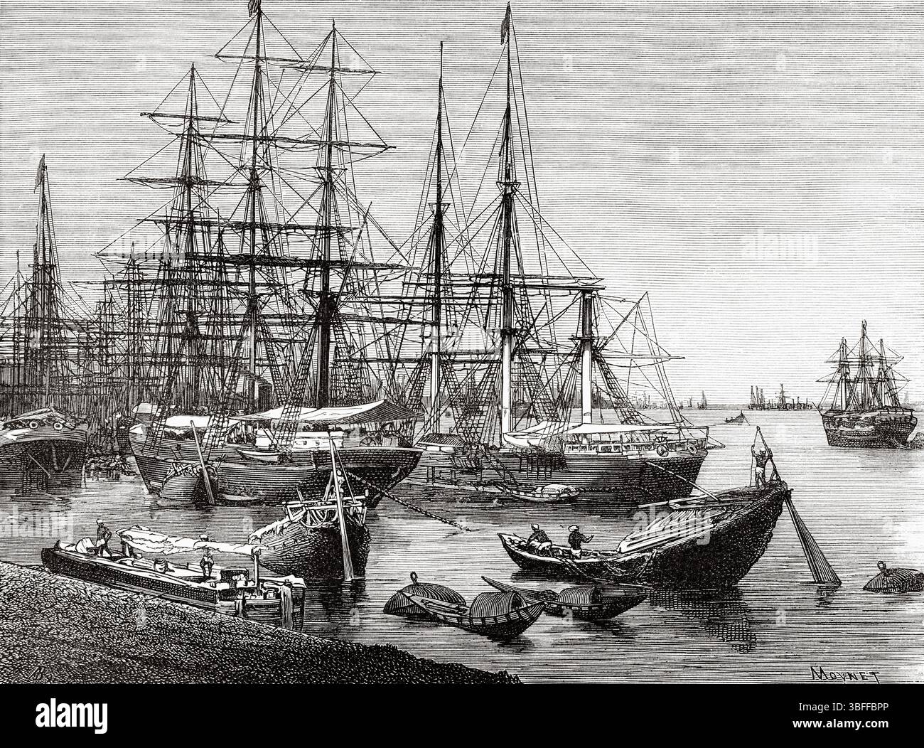 Ships in the port of Kolkata, West Bengal state. India. Drawing by ...