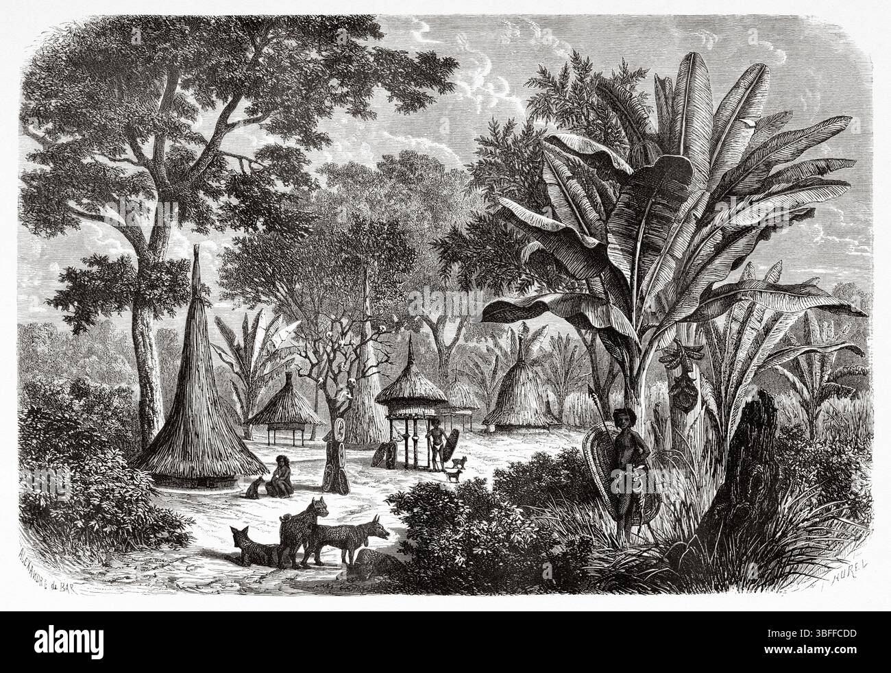 Hamlet of Azande people on the banks of the Diamvonoo. South Sudan ...