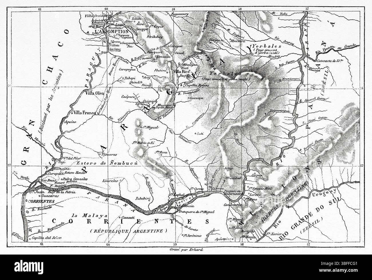 Old map of the Parana river and Paraguay river. Central South America ...