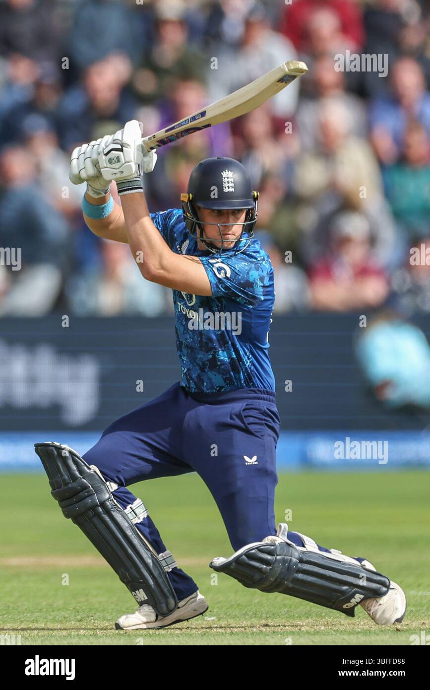 Cardiff, UK. 01st June, 2025. Jacob Bethell of England hits the ball ...