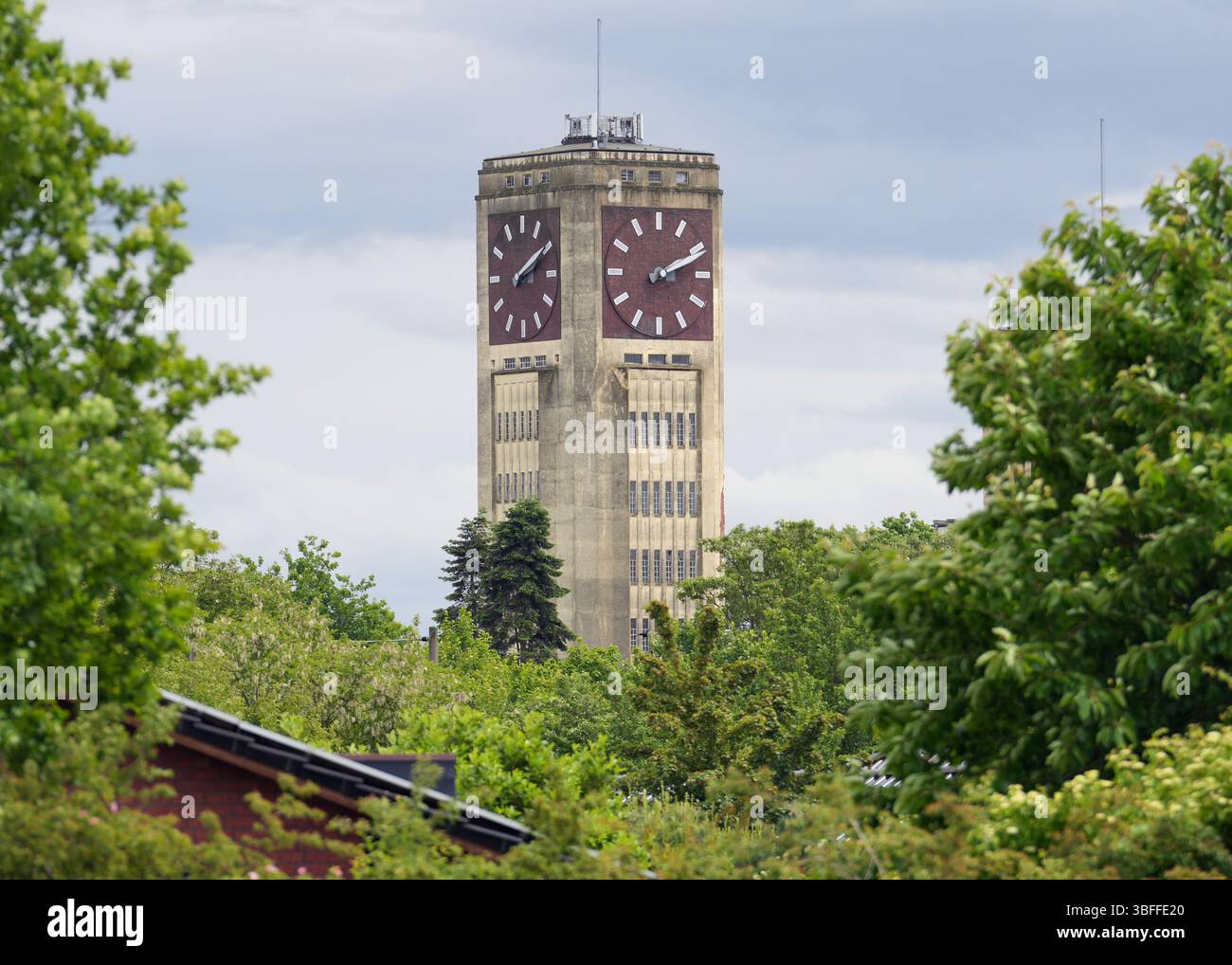 Wittenberge, Germany. 28th May, 2025. The clock tower of the former ...