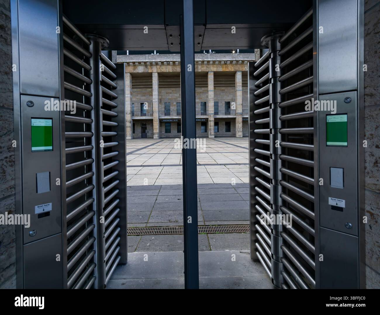 View through entry turnstiles at Olympiastadion Berlin, revealing the ...