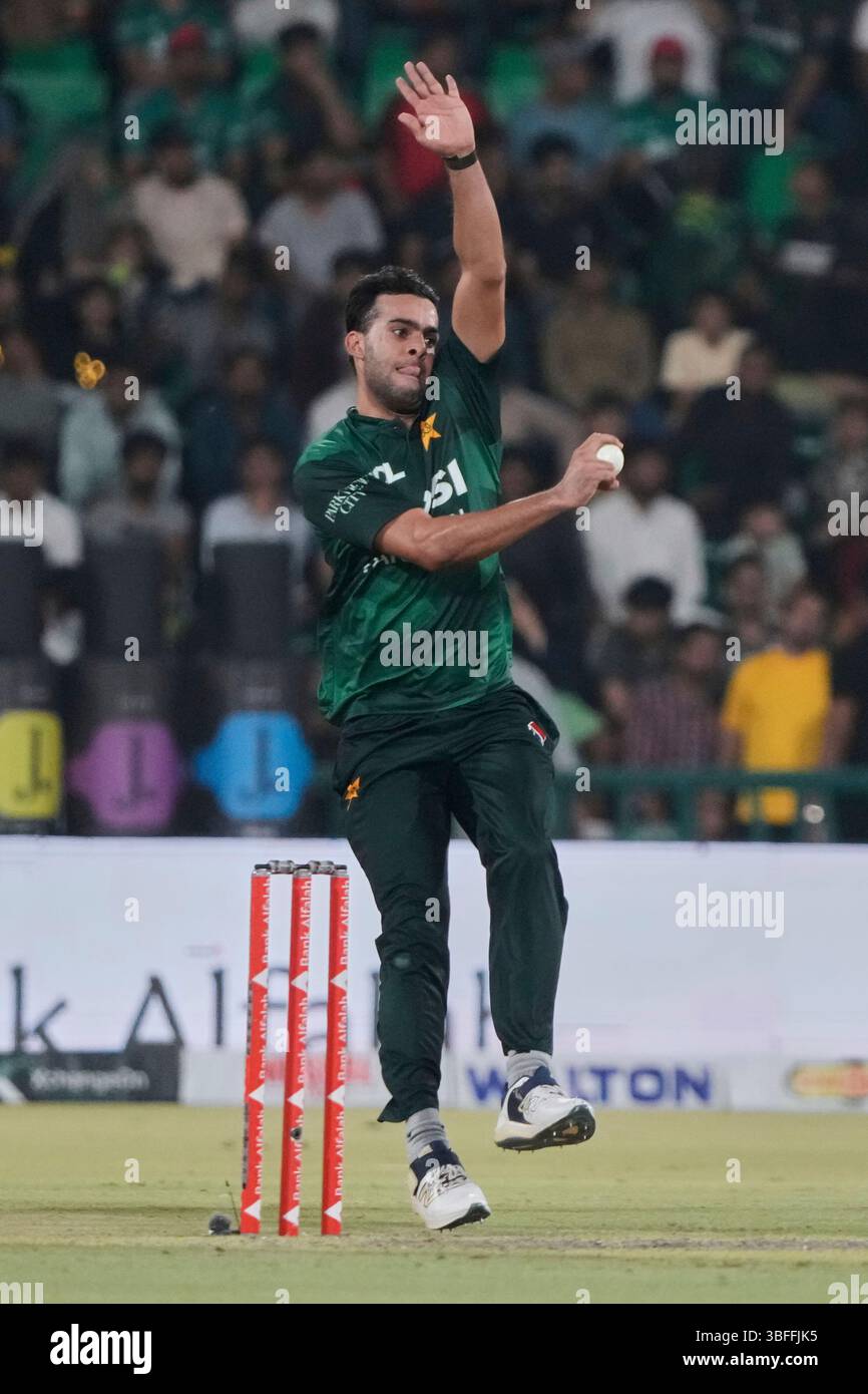 Pakistan's Abbas Afridi bowls during the third Twenty20 cricket match ...