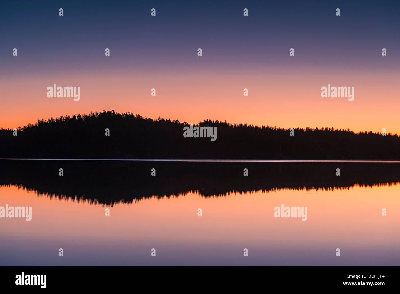At dawn, a quiet lake surrounded by dense forest near Gothenburg ...