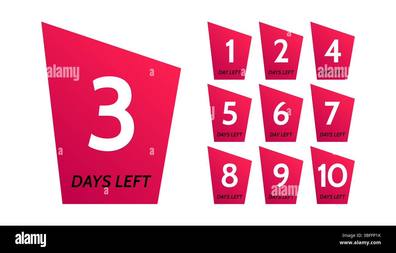 Number of days left. Set of ten red banners with countdown from 1 to 10. Vector illustration ...