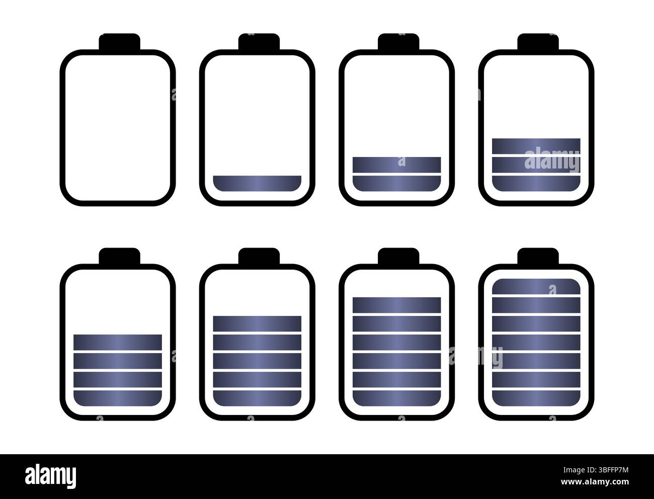 A set of eight batteries with different charge indicators. Vector ...