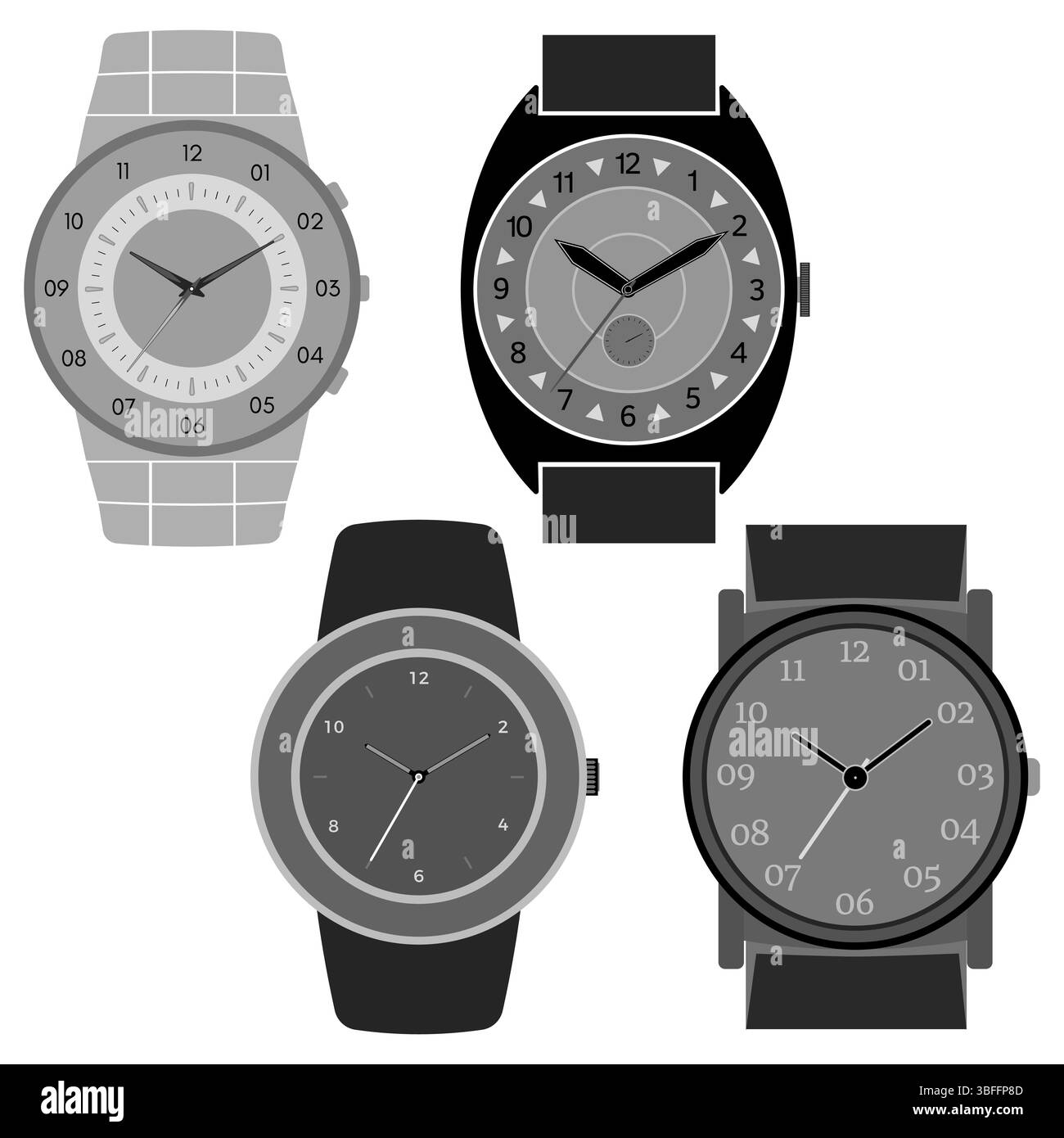 Set of four black and white watches on white background. Clock face ...