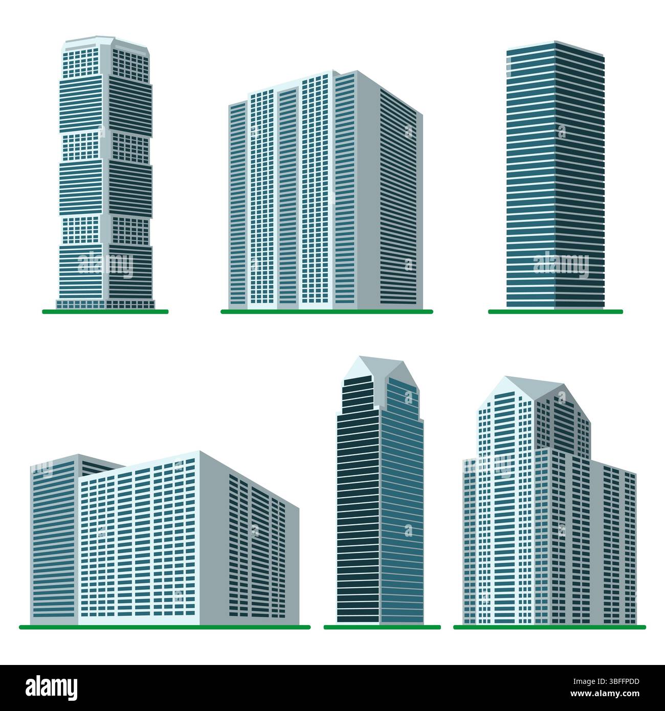 Set of six modern high-rise building on a white background. View of the ...