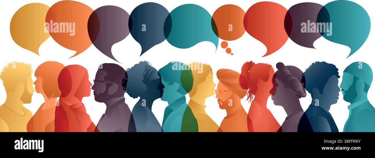 Silhouette heads faces to the side of group of multicultural people ...