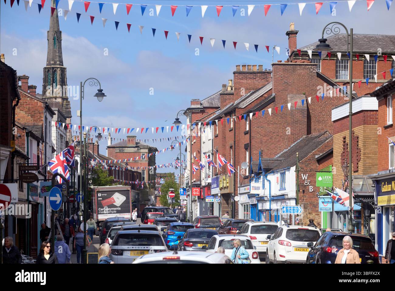 Leek market town in Staffordshire, The main town centre street Derby St ...