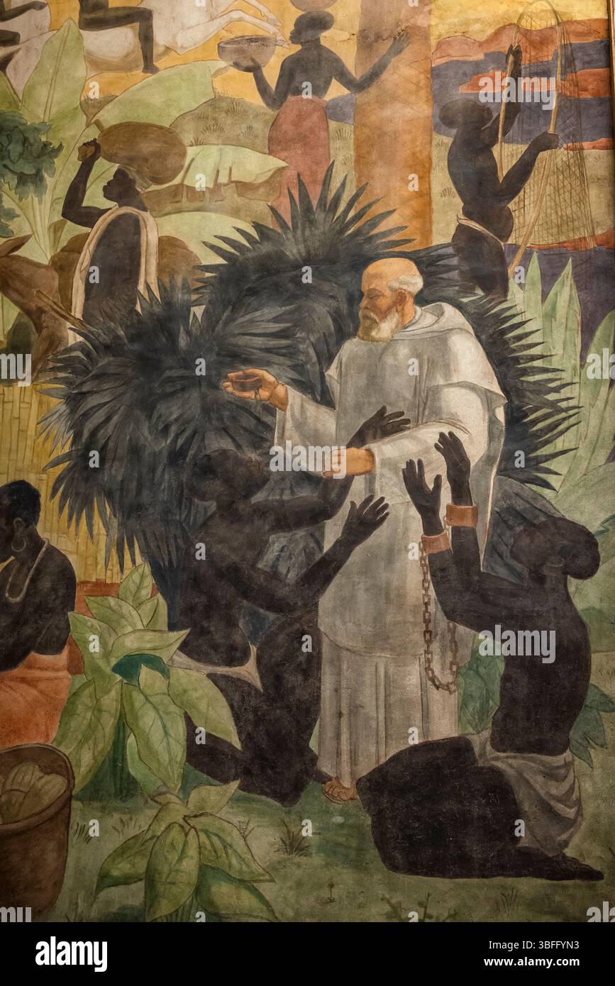 Detail of frescoes that present an idealized version of colonialism ...