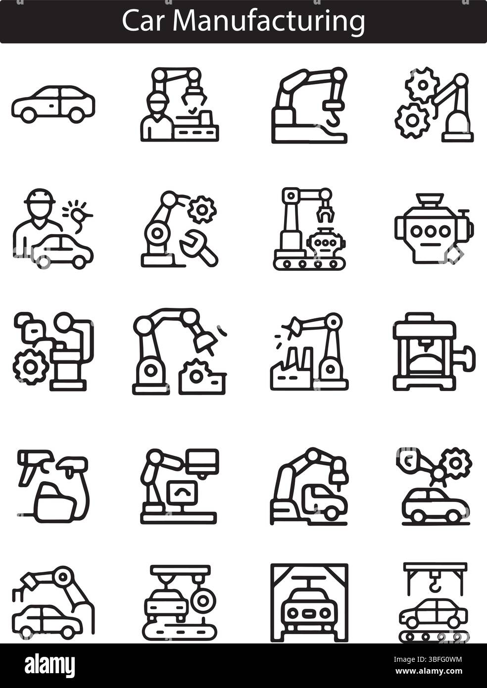 Car Manufacturing Icons – Automotive Factory Vector Set for Industry ...