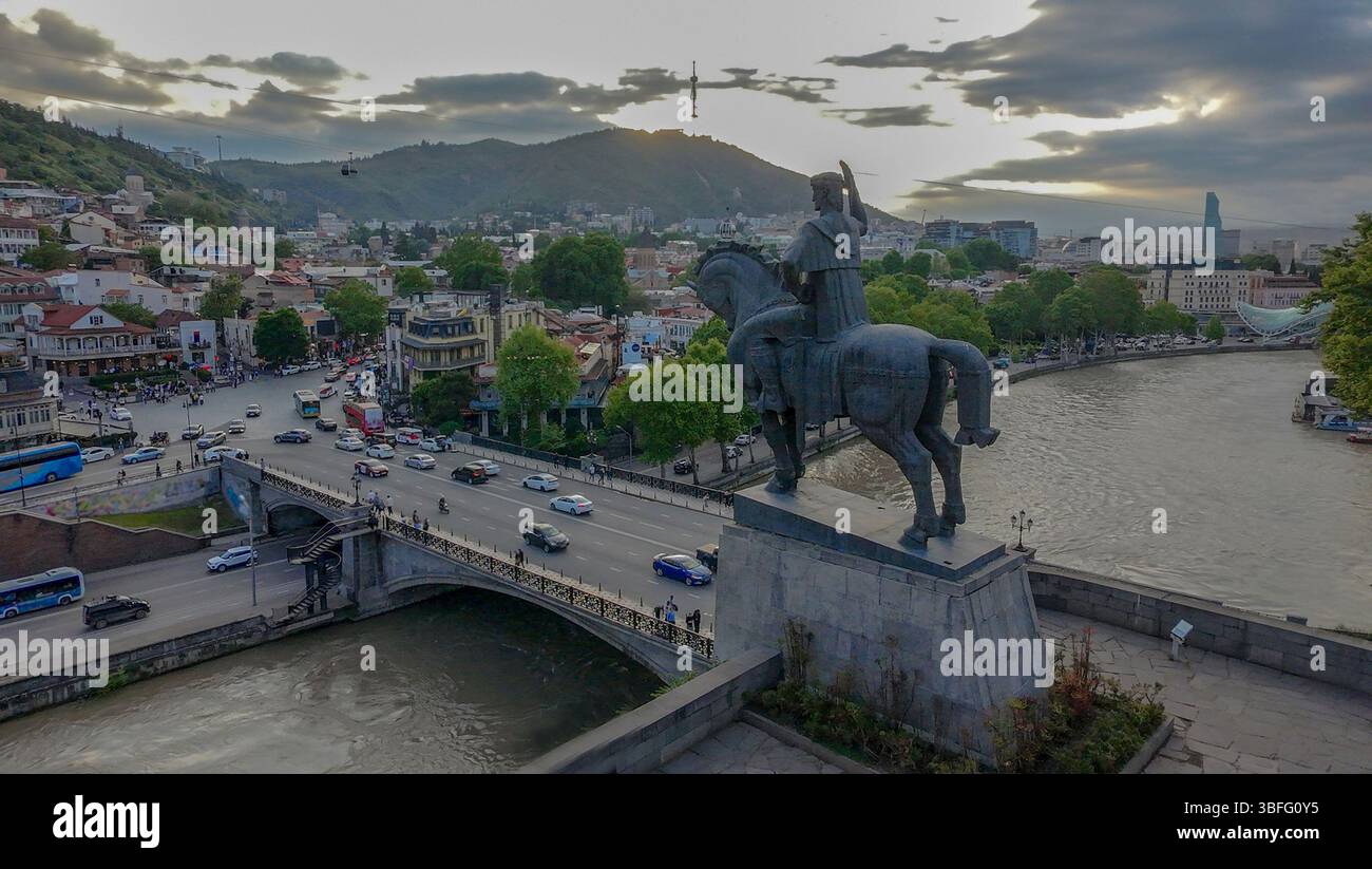 Aerial panorama of Tbilisi with Statue of King Vakhtang Gorgasali and ...