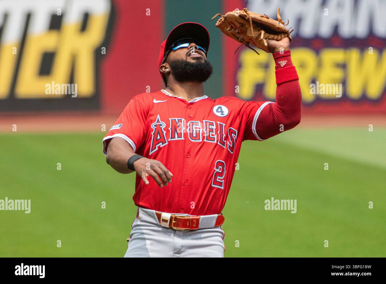 Los Angeles Angels' Luis Rengifo (2) catches a pop fly by Cleveland ...