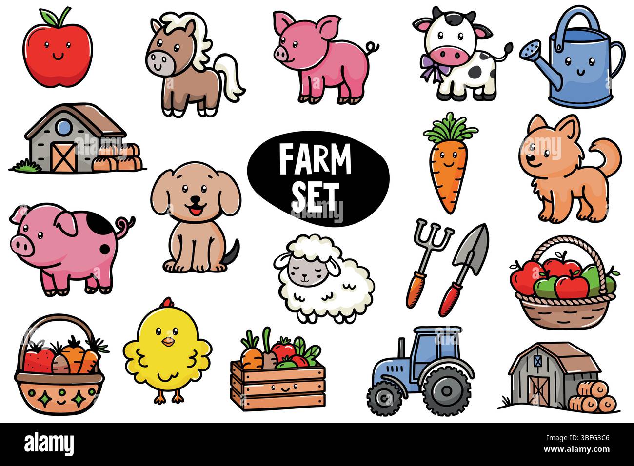 A colorful farm set illustration featuring various farm animals ...