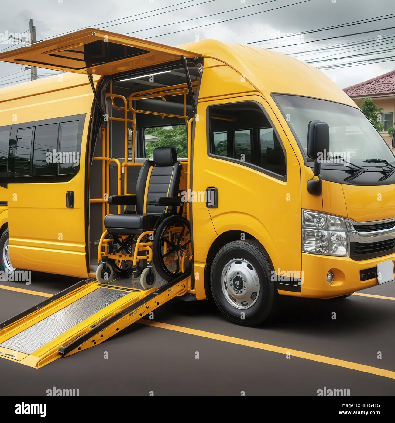 Inclusive public transport yellow bus adapted with wheelchair ramp ...