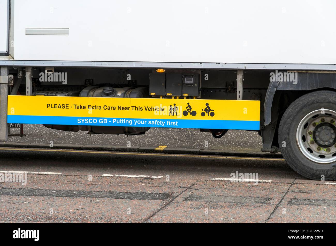 Sign on the side of a lorry warning pedestrians, cyclists and ...