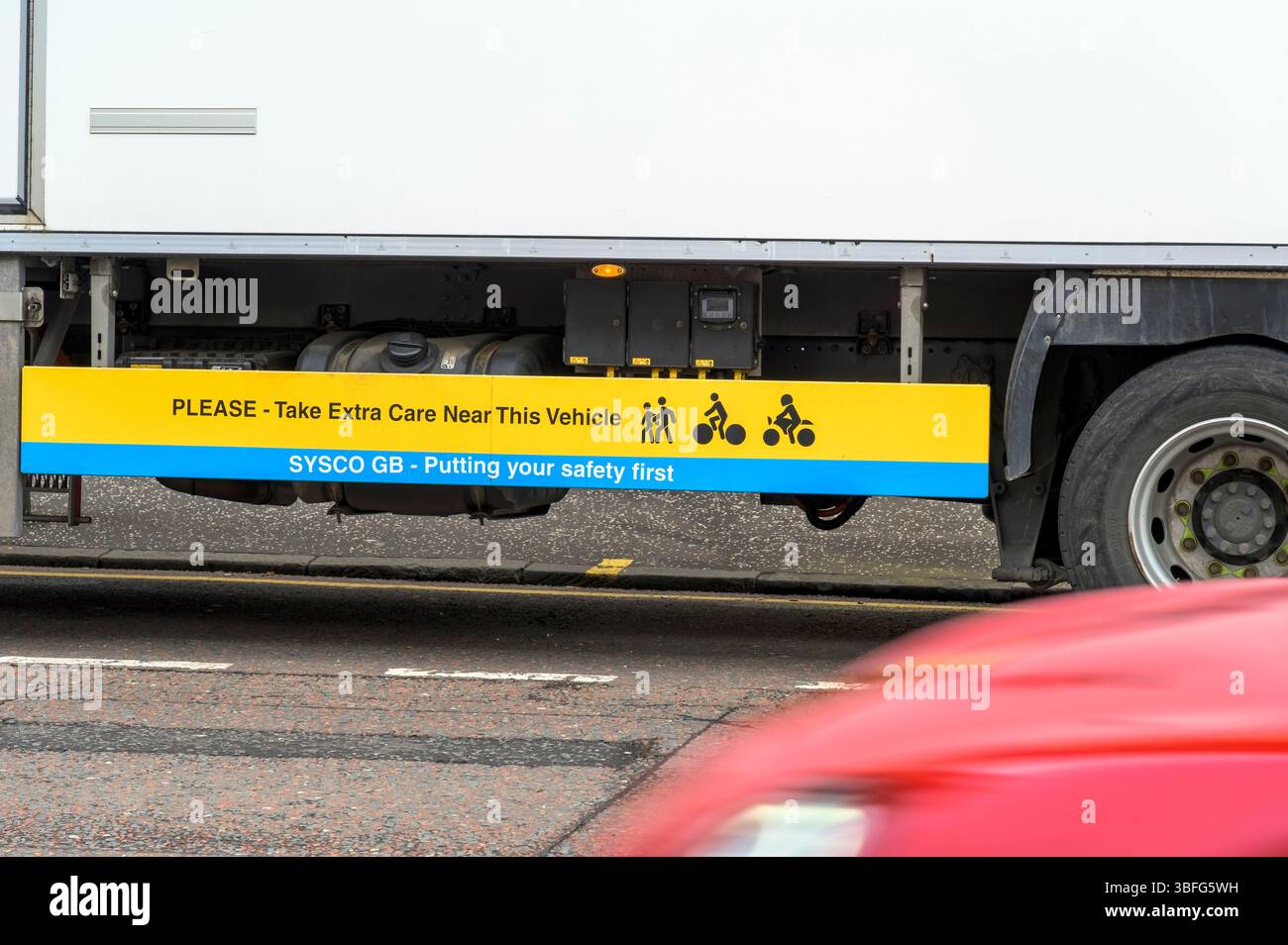 Sign on the side of a lorry warning pedestrians, cyclists and ...