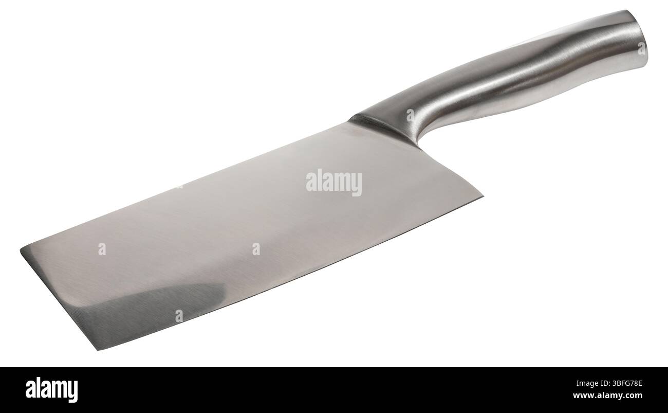 Kitchen knife cleaver with wide blade and metal handle. Close-up of ...