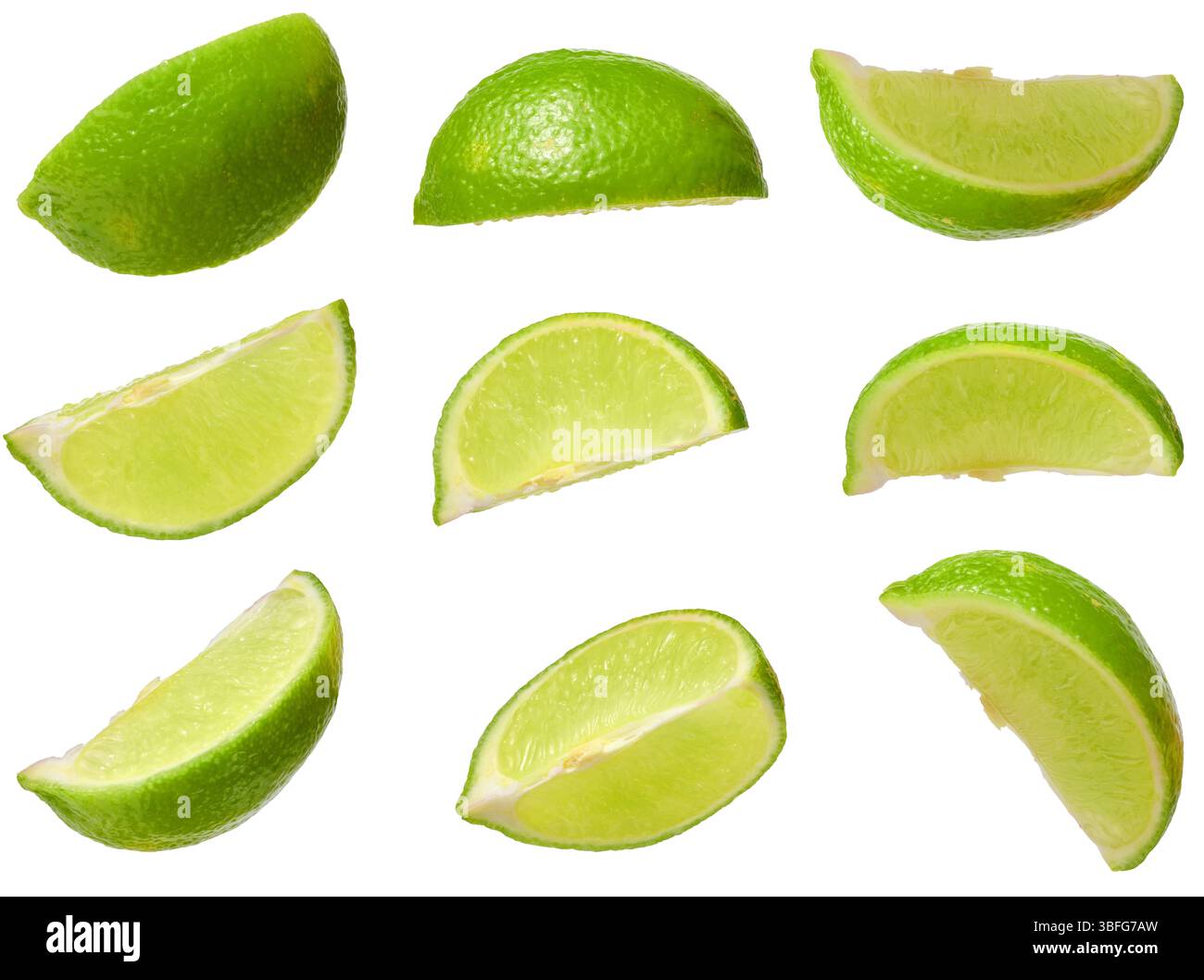 Collection of juicy green lime slices from different angles. Citrus ...