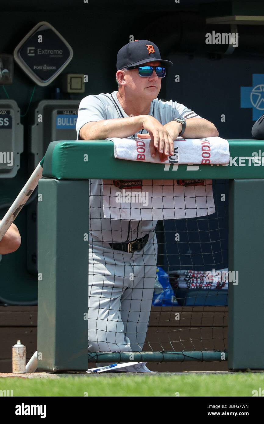 June 01, 2025: Detroit Tigers manager A.J. Hinch (14) looks on during ...