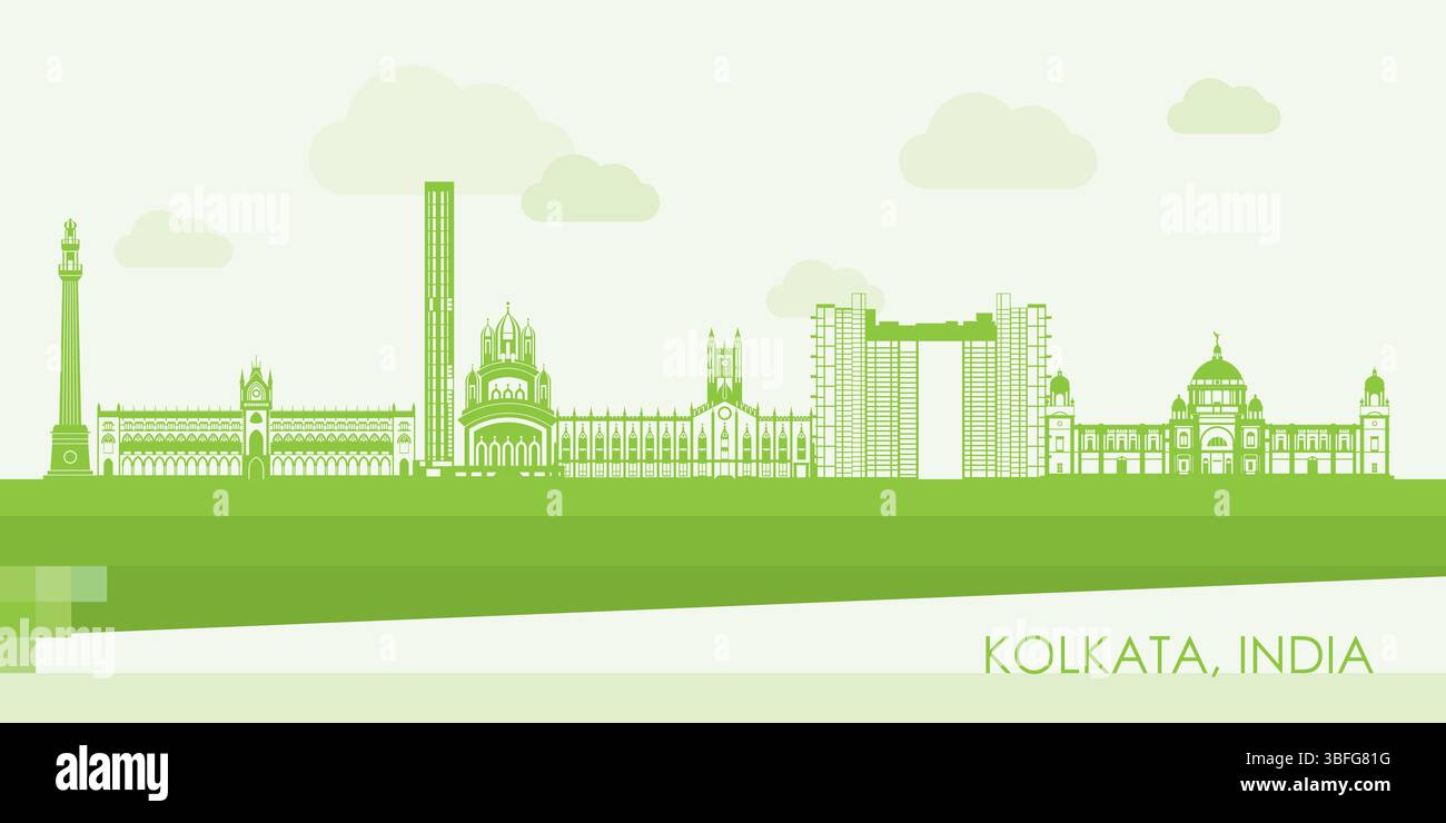 Green Skyline panorama of city of Kolkata, India - vector illustration ...
