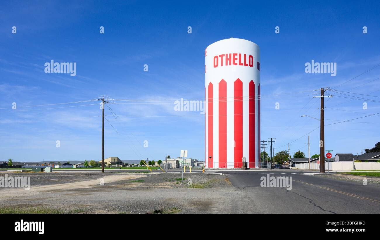 Othello, WA, USA - May 8, 2025; Othello Water Tower with red and white ...