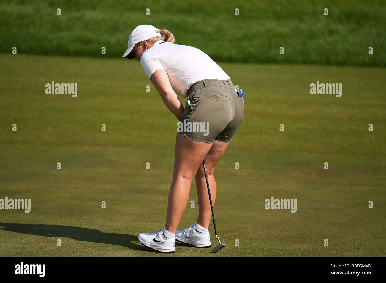 Maja Stark, of Sweden, reacts to a mssed birdie putt on the 12th hole ...