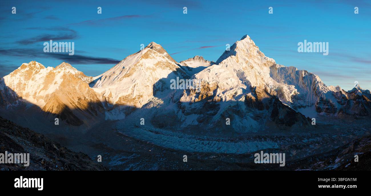 Panoramic view of Mount Everest, Lhotse and Nuptse from Pumori base ...