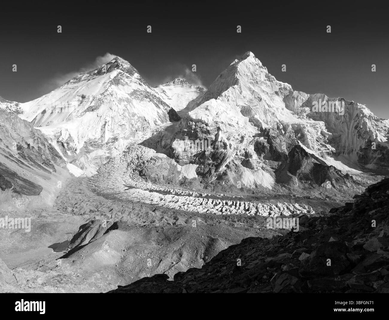 mount Everest, Lhotse and Nuptse as seen from Pumori base camp black ...