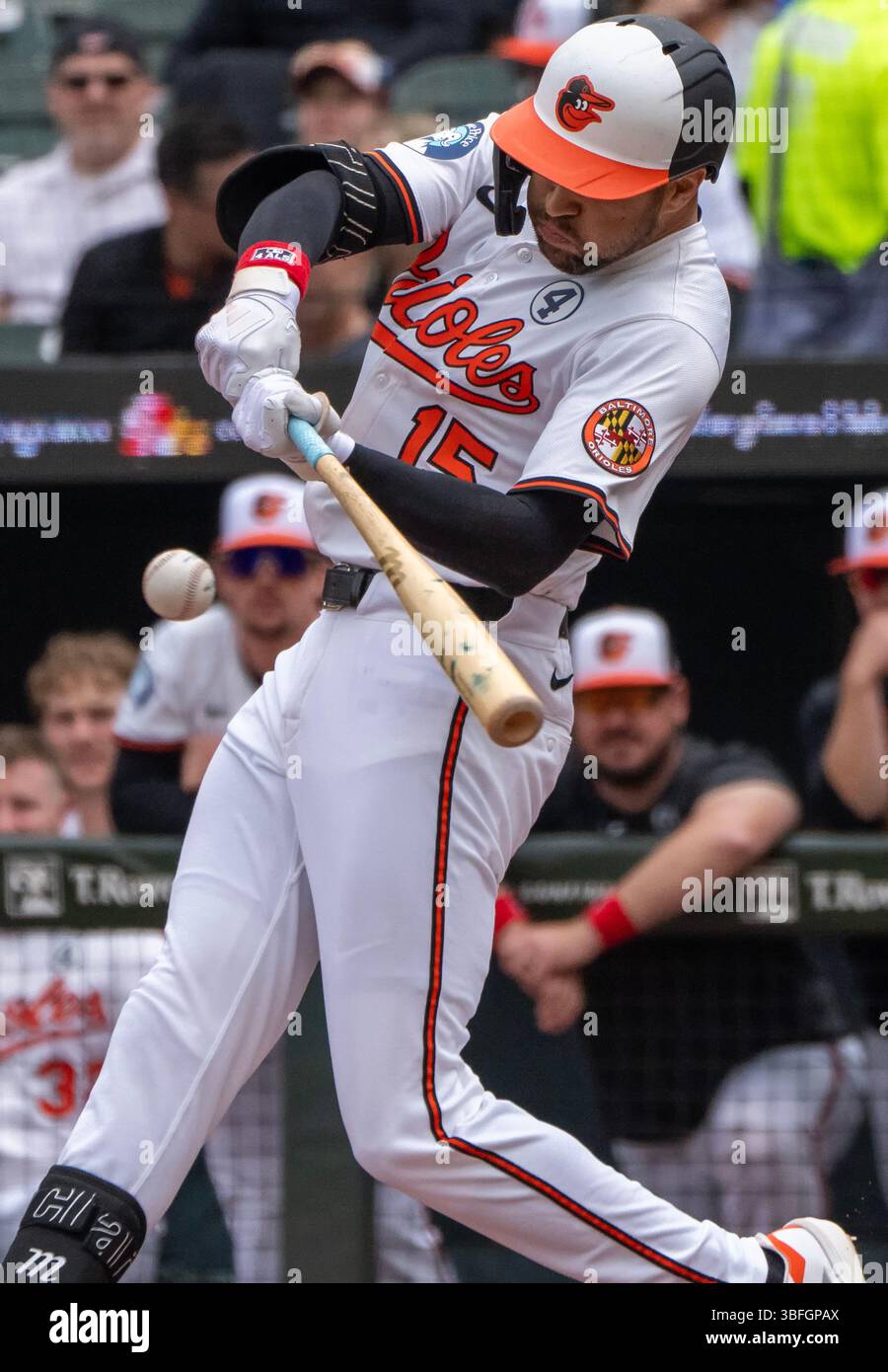 BALTIMORE, MD - JUNE 01: Baltimore Orioles outfielder Dylan Carlson (15) at bat during a MLB ...