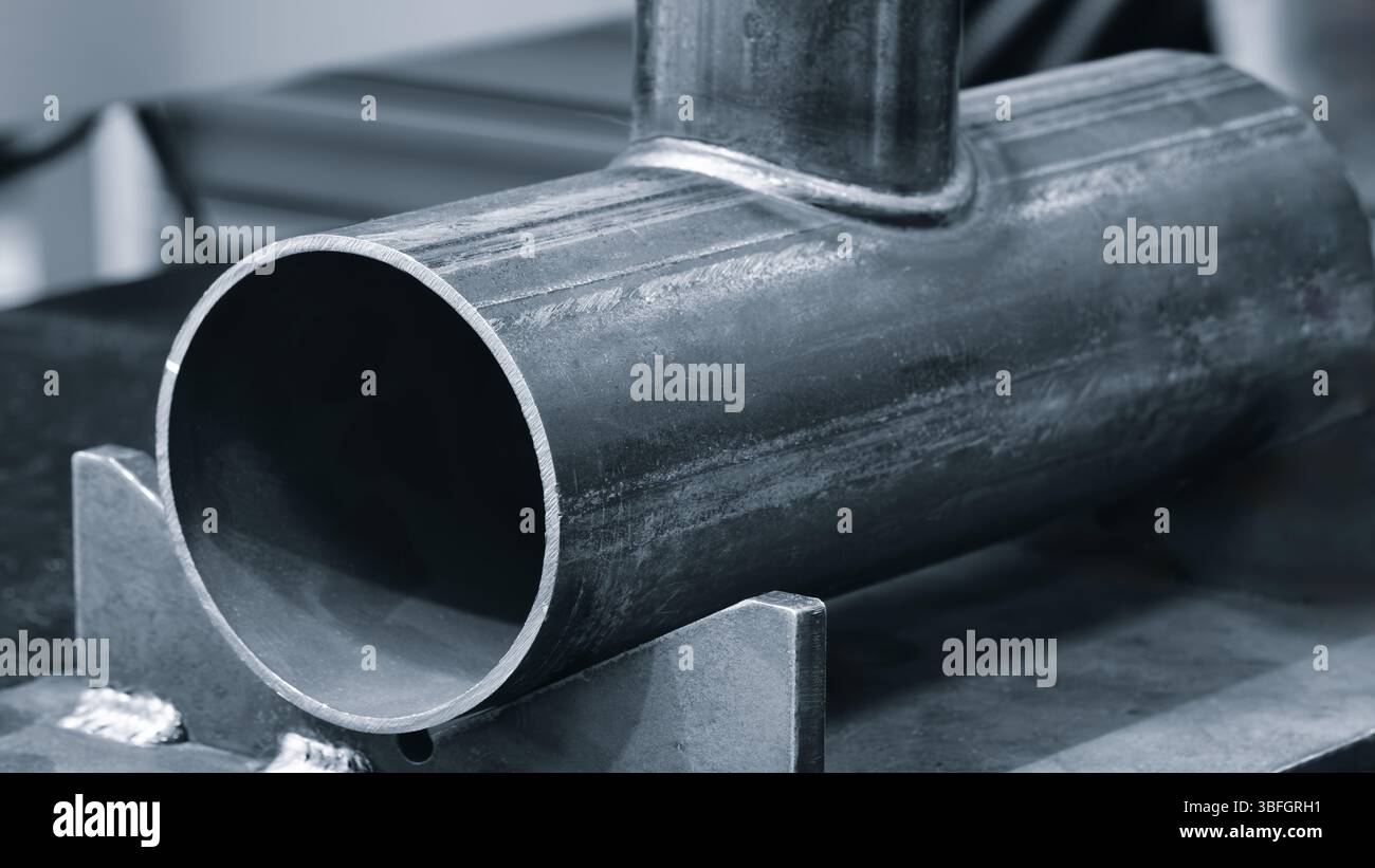 Steel pipes are welded in the shape of an inverted T, the welding seam ...