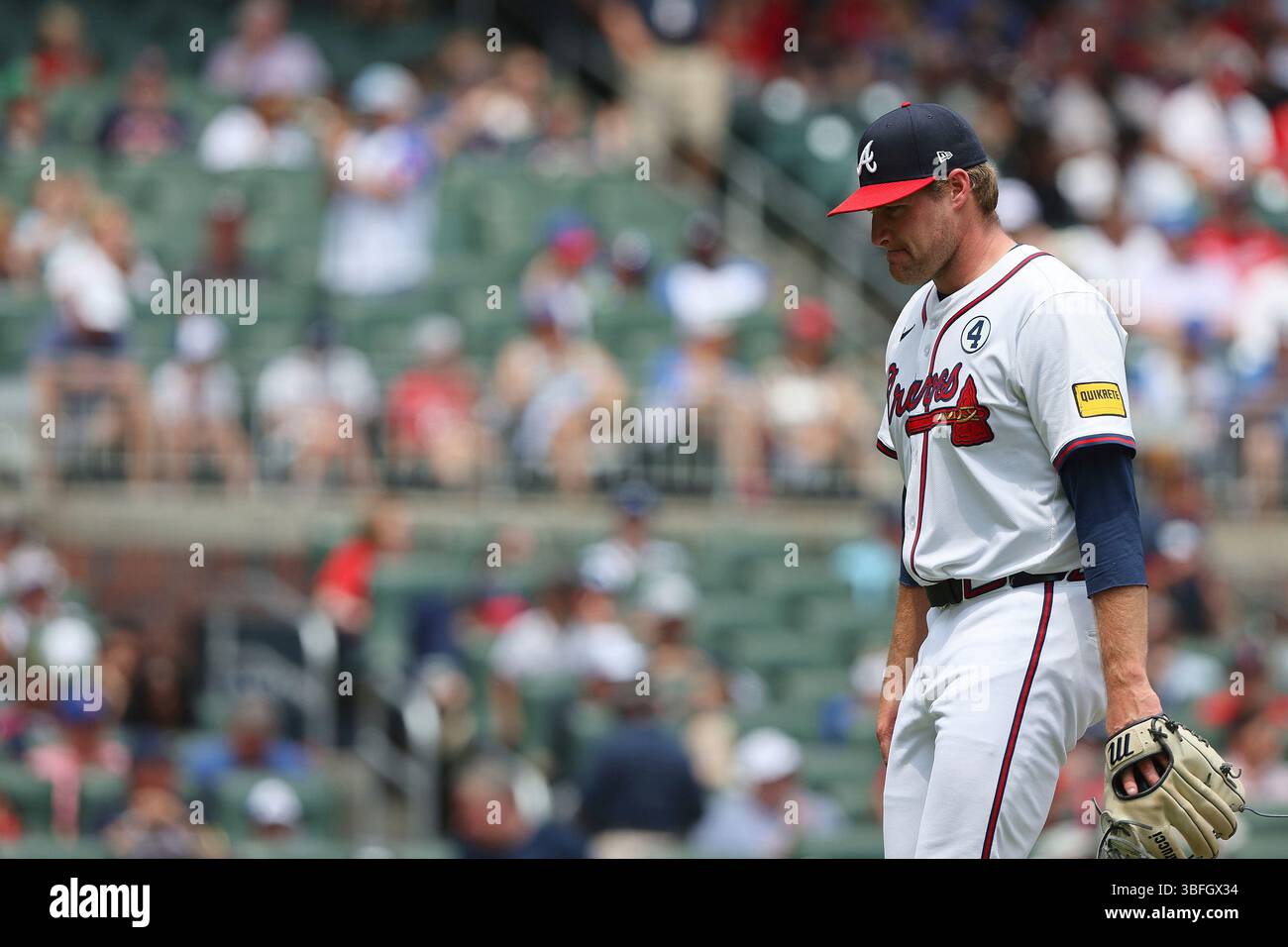 ATLANTA, GA - JUNE 01: Bryce Elder #55 of the Atlanta Braves leaves the game in the 5th inning ...