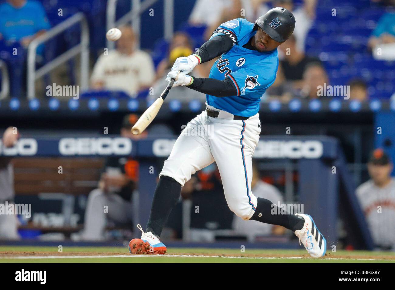 MIAMI, FL - JUNE 01: Xavier Edwards #9 of the Miami Marlins at bat ...