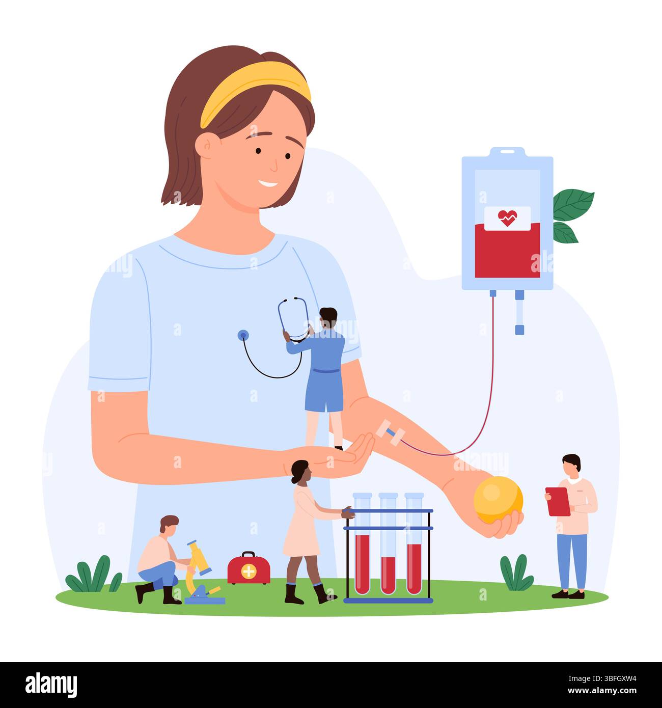 Vector illustration of tiny people involved in blood donation process ...