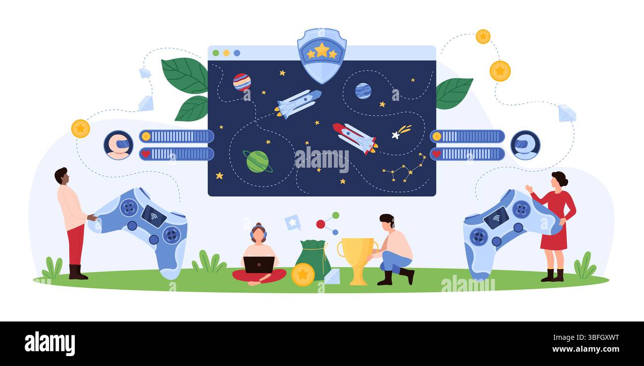 Vector illustration of tiny people playing video games with controllers ...