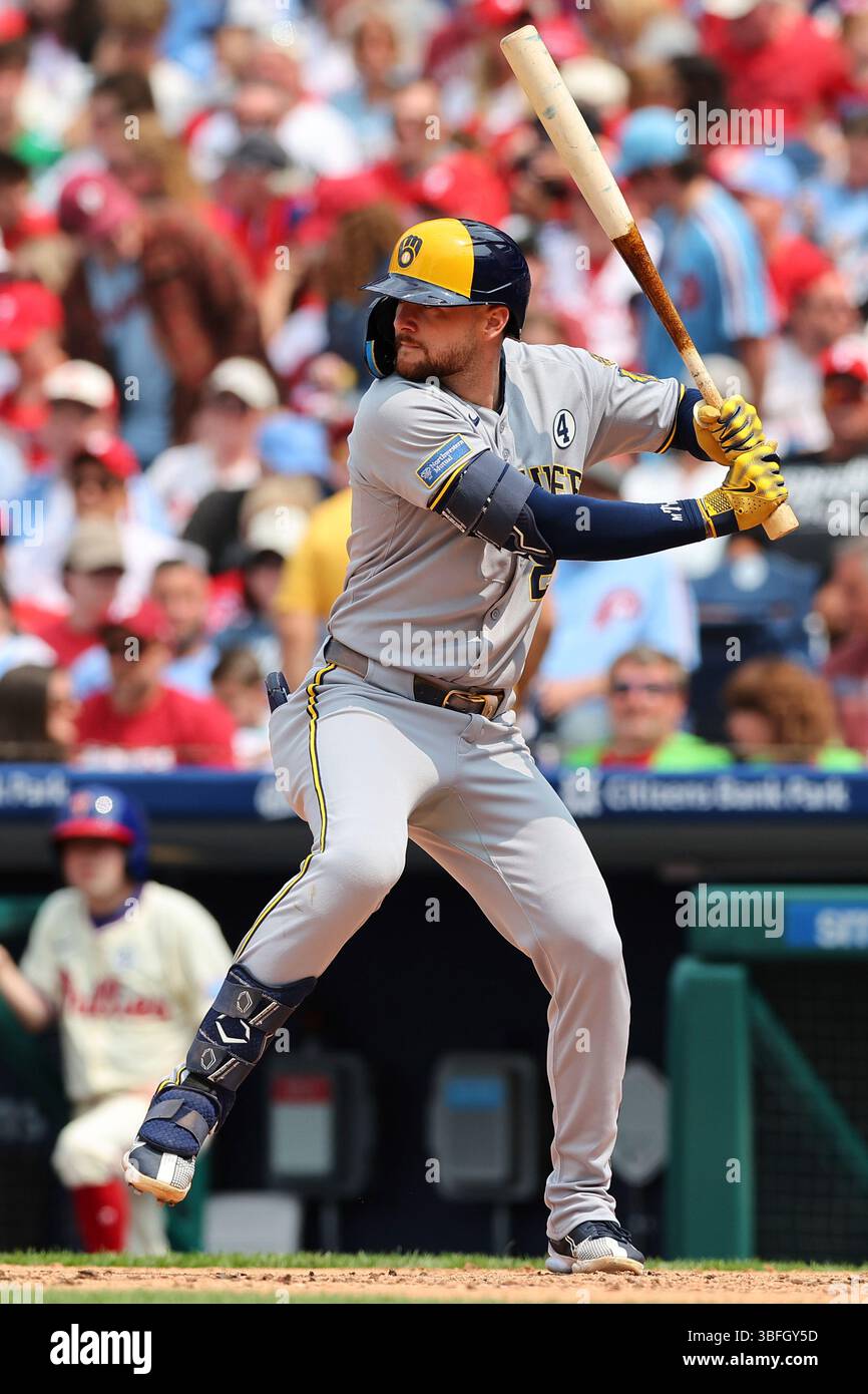 PHILADELPHIA, PA - JUNE 01: Brice Turang #2 of the Milwaukee Brewers at ...