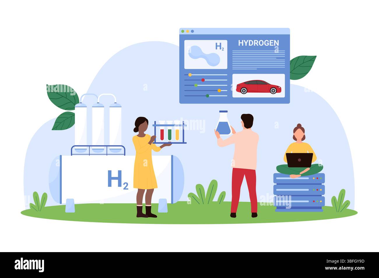 Vector illustration of tiny people researching developing hydrogen ...