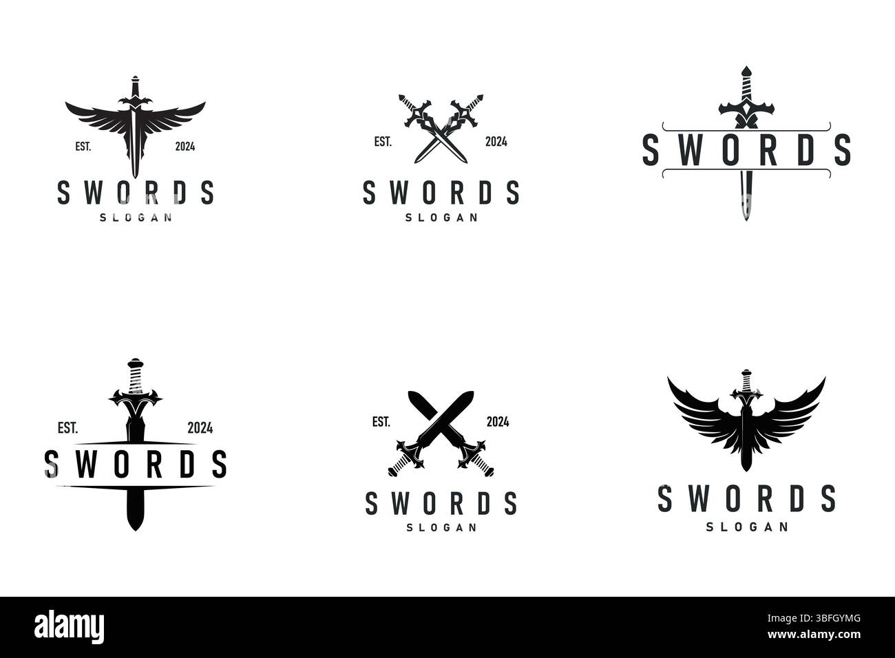 set bundle black silhouette design logo sword war equipment impression ...