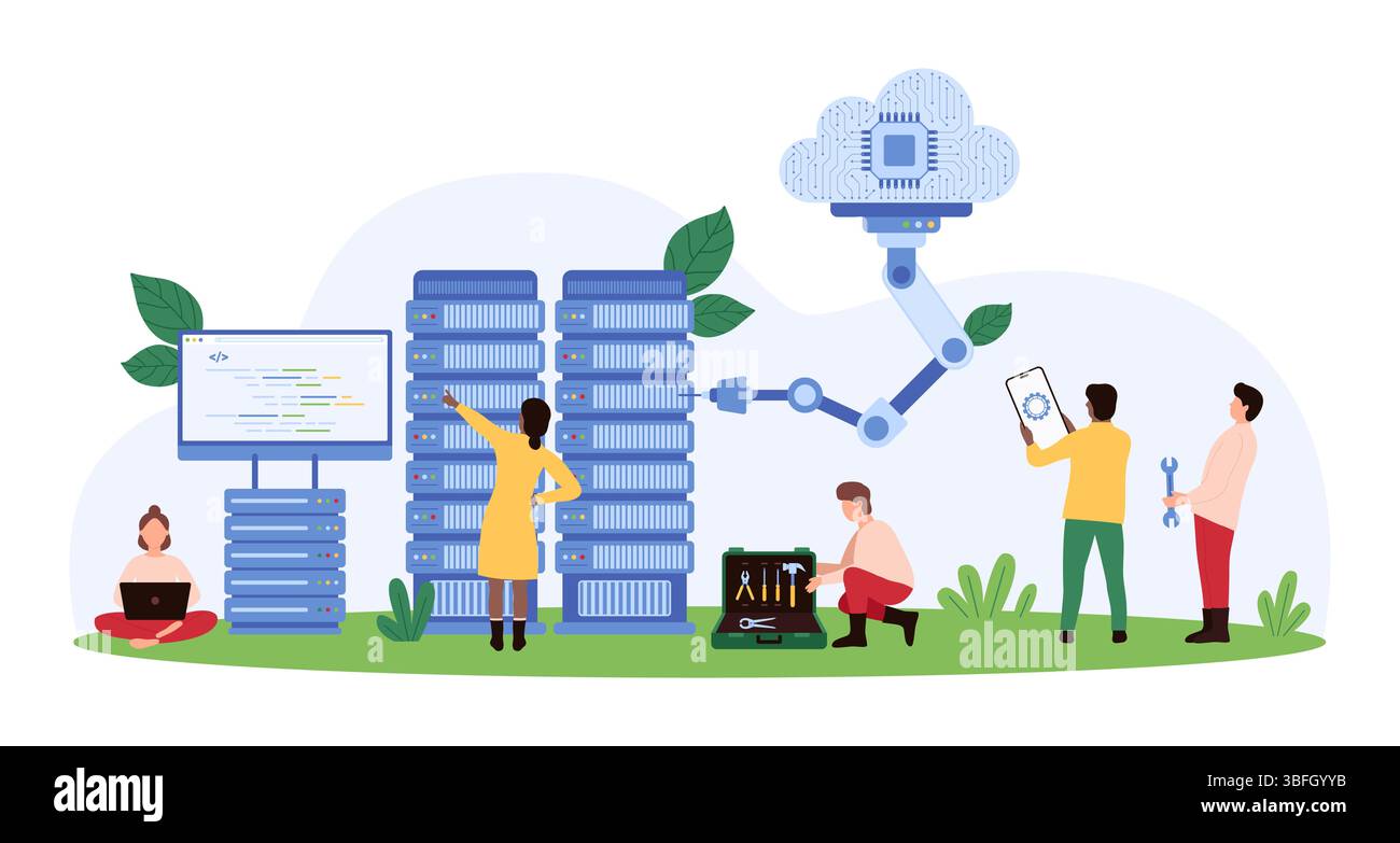 Vector illustration of tiny people managing servers and cloud technology, representing data ...