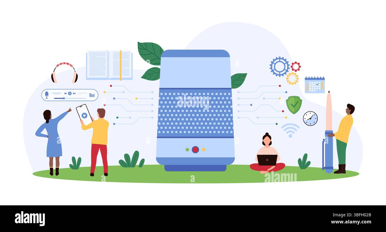 Vector illustration of tiny people upgrading and enhancing a voice ...